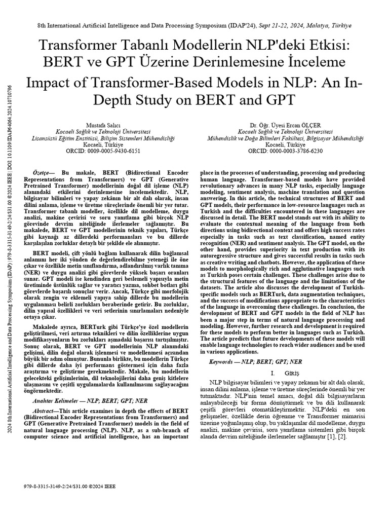 Impact of Transformer-Based Models in NLP An In-Depth Study On BERT and GPT | PDF