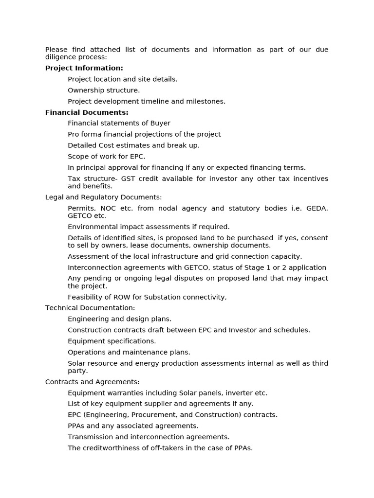 Please Find Attached List of Documents and Information as Part of Our ...