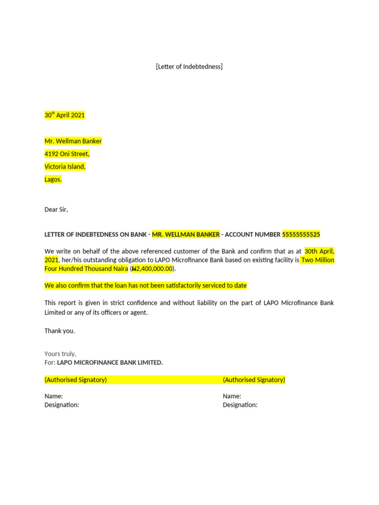 Approved Letter of Indebtedness | PDF