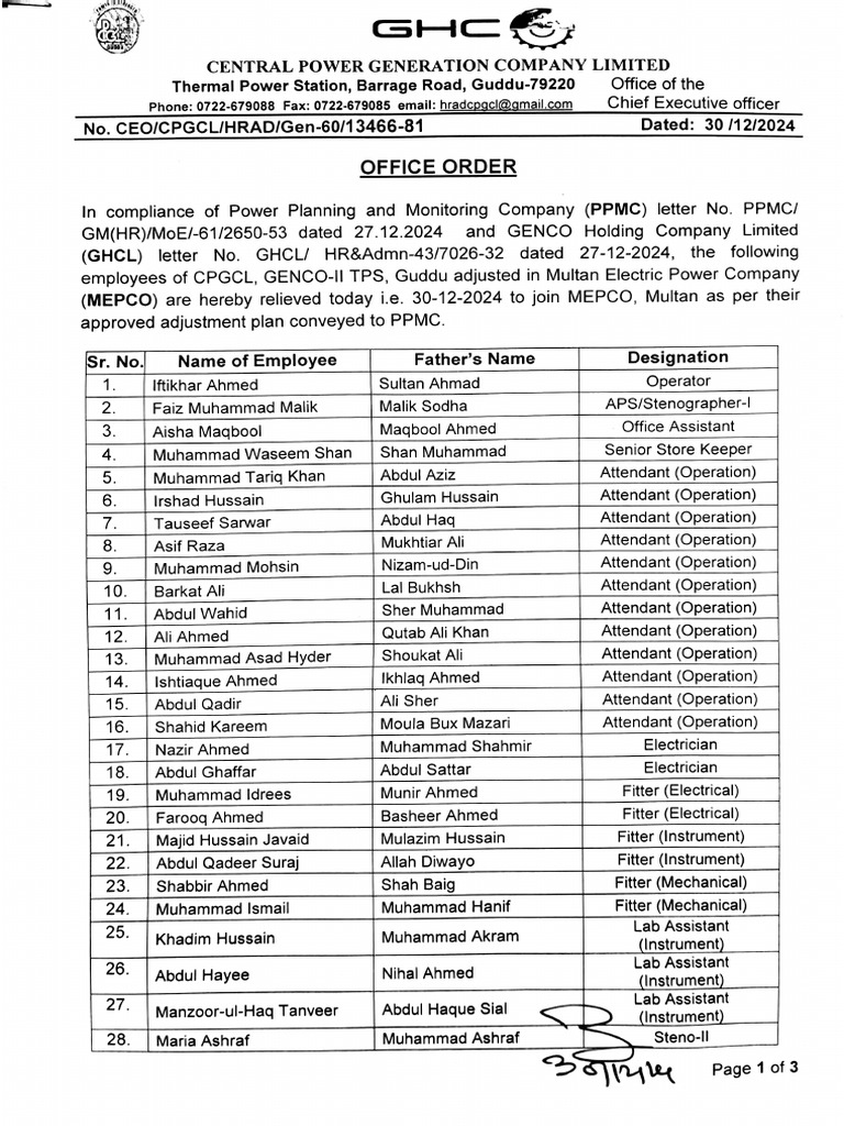 Relieving Order Employees Adjusted in MEPCO | PDF