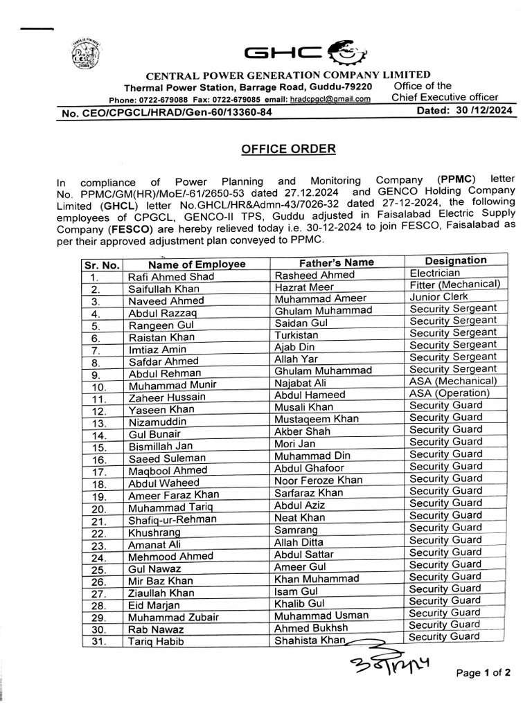 Relieving order Employees adjusted in FESCO | PDF