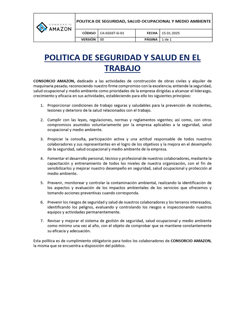 Politica SST CA SGSST G 01 | PDF | Seguridad y salud ocupacional | Valores