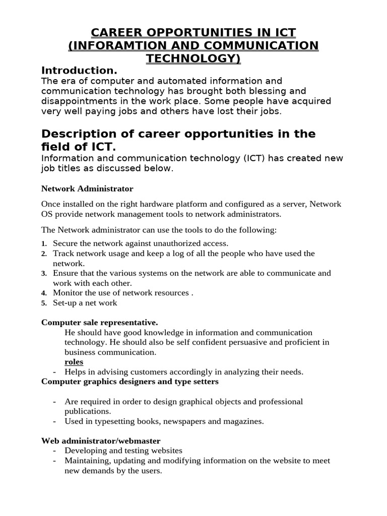 ICT Career Opportunities Explained | PDF | Databases | Educational ...