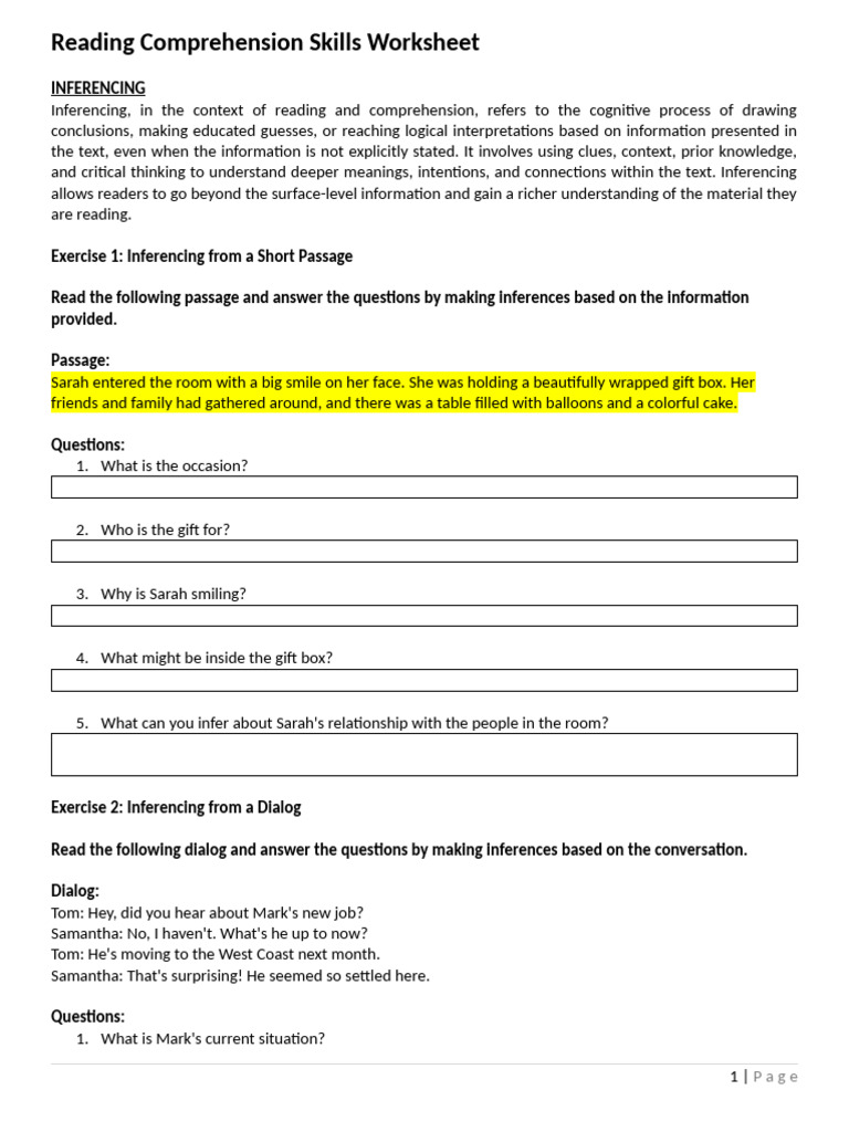 Reading Comprehension Skills Worksheet | PDF | Inference | Reading ...