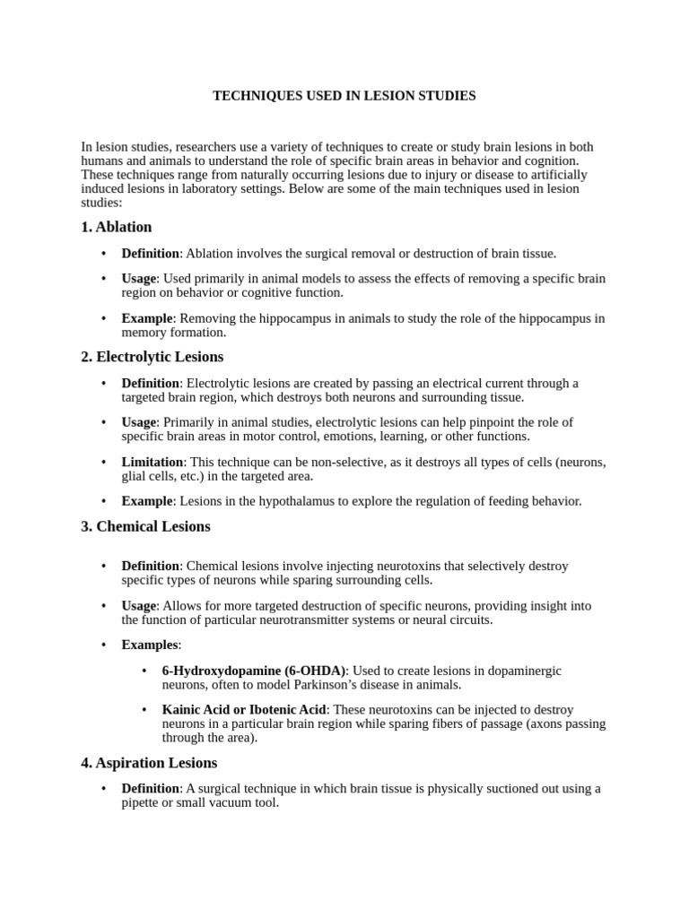 Lesion Study Techniques Explained | PDF | Brain | Neuron