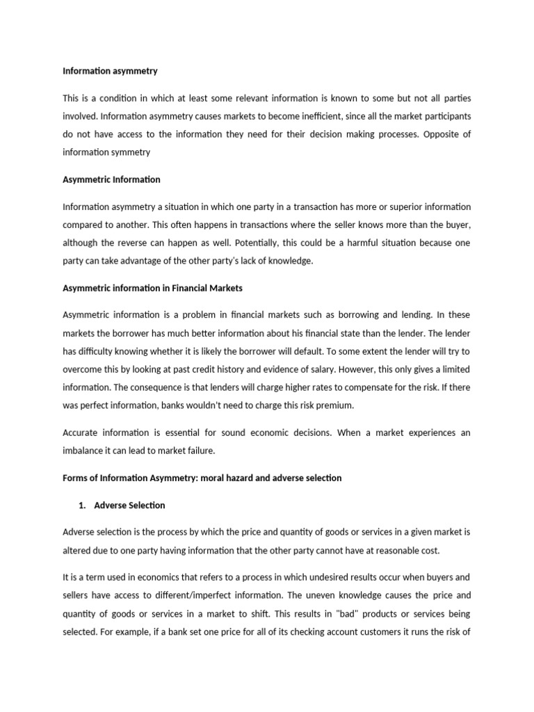 Understanding Information Asymmetry | PDF | Adverse Selection | Moral ...