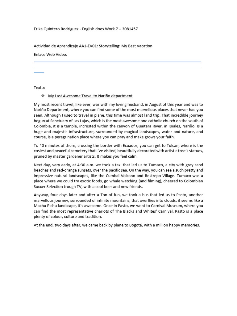 AA1-EV01: Storytelling: My Best Vacation | PDF