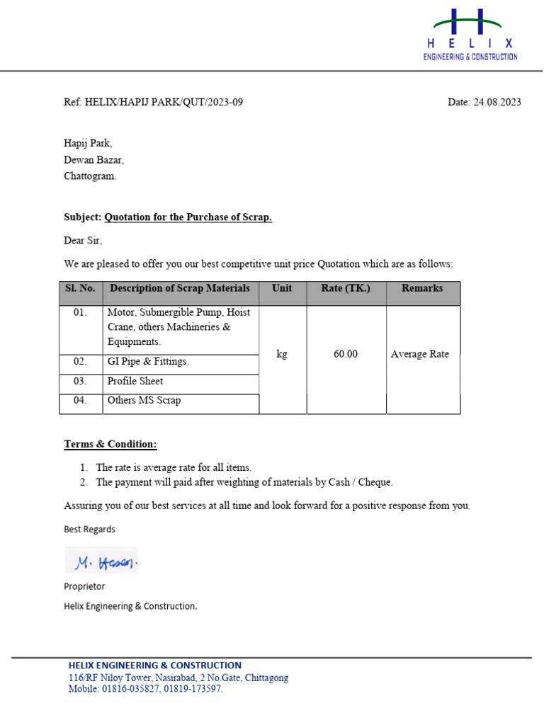 Scrap Purchase Quotation Offer | PDF