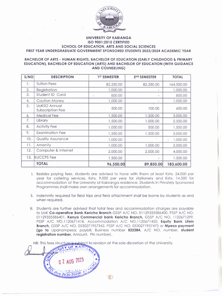 Kabianga University 2023/24 Fees Structure | PDF | Service Industries ...