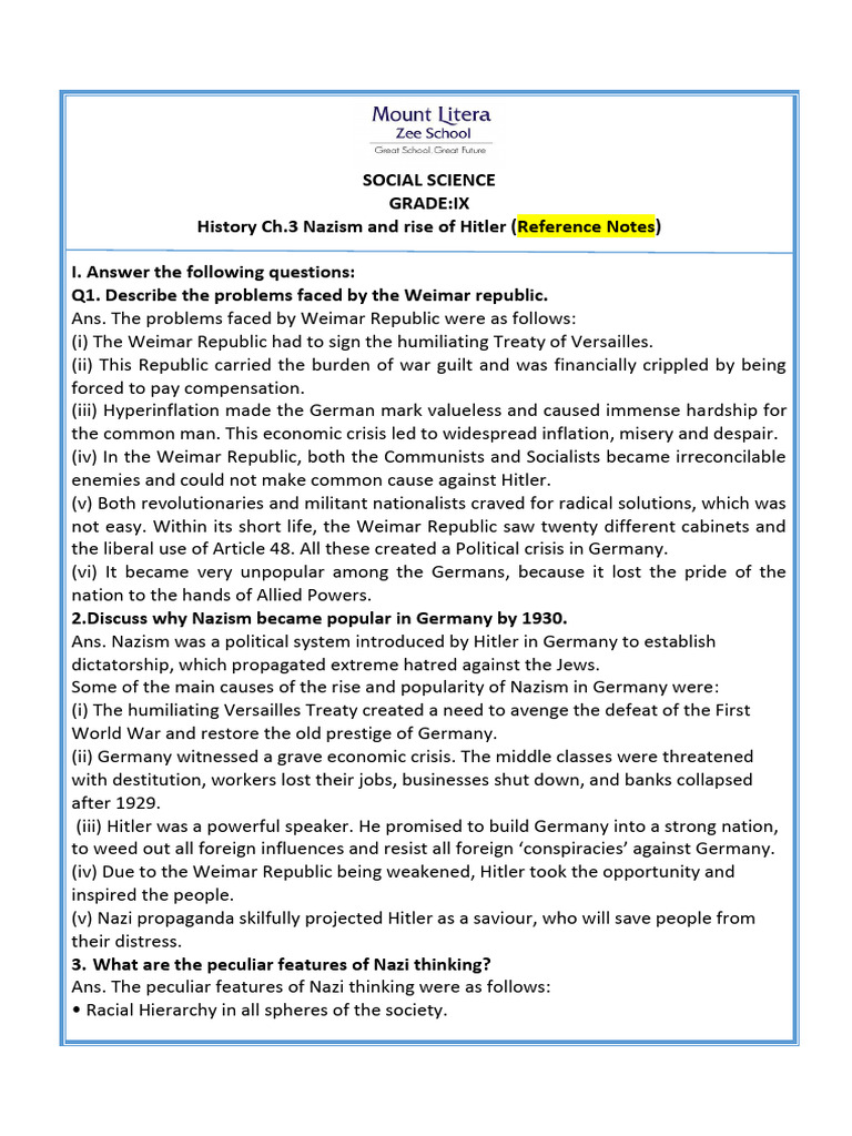 Grade 9 - Social - History Ch. 3 - Nazism and The Rise of Hitler ...
