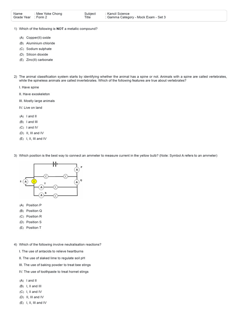 Form 2 Kancil Science Mock Exam Set 3 | PDF | Oxide | Water