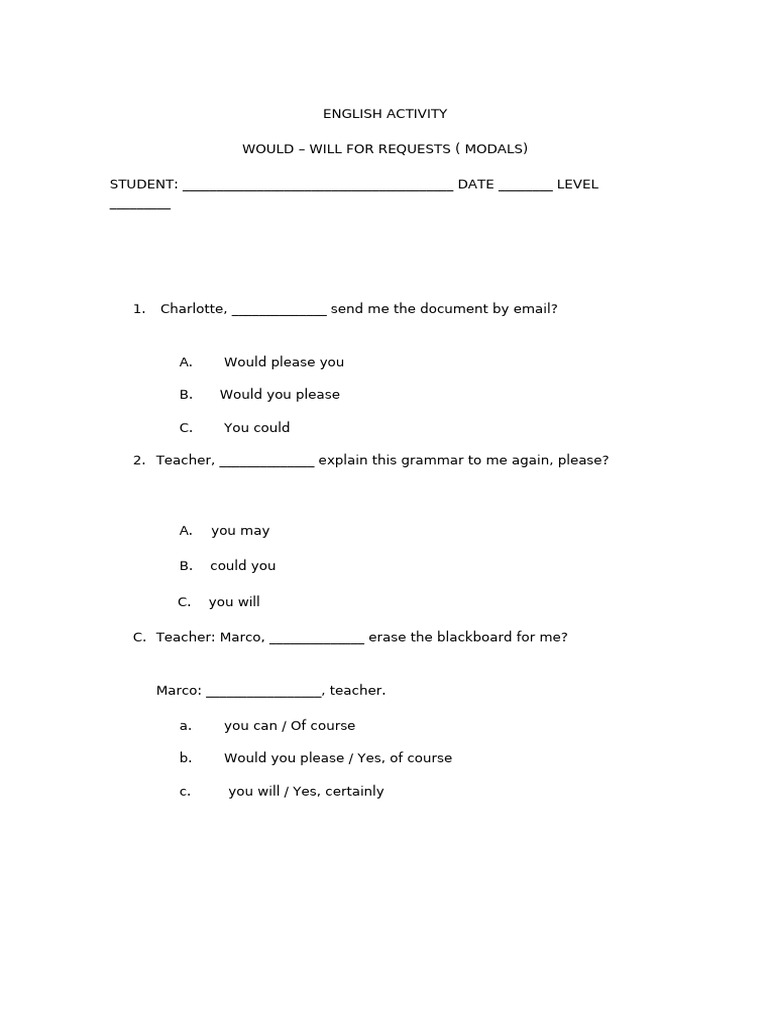 Would-Will For Requests Exercises | PDF