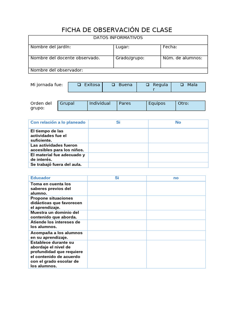 Ficha de Observacion | PDF | Aprendizaje | Salón de clases