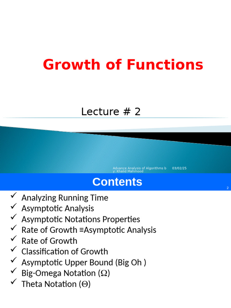 Growth of Functions Lecture2 DAA | PDF | Time Complexity | Logarithm