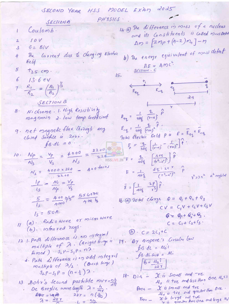 Hsslive Xii Physics Model Key Irshad 2025 | PDF