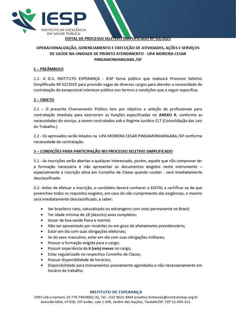IESP Processo Seletivo No 022025 UPA Moreira Cesar | PDF