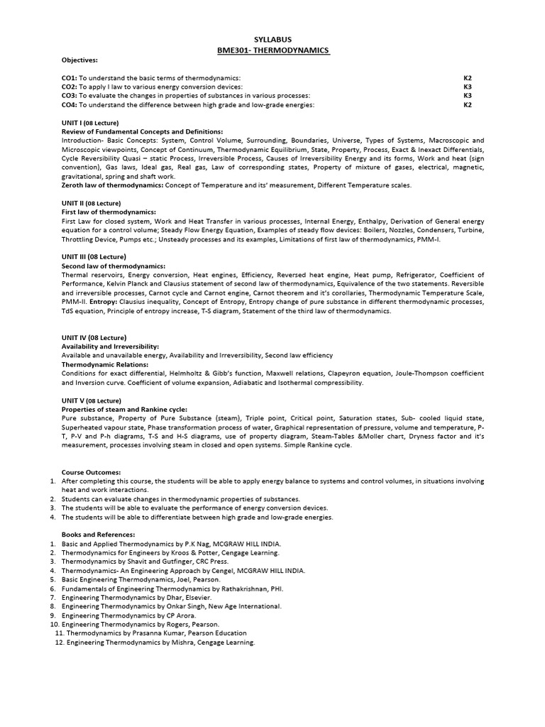BME301 Thermodynamics Syllabus | PDF | Heat | Thermodynamics
