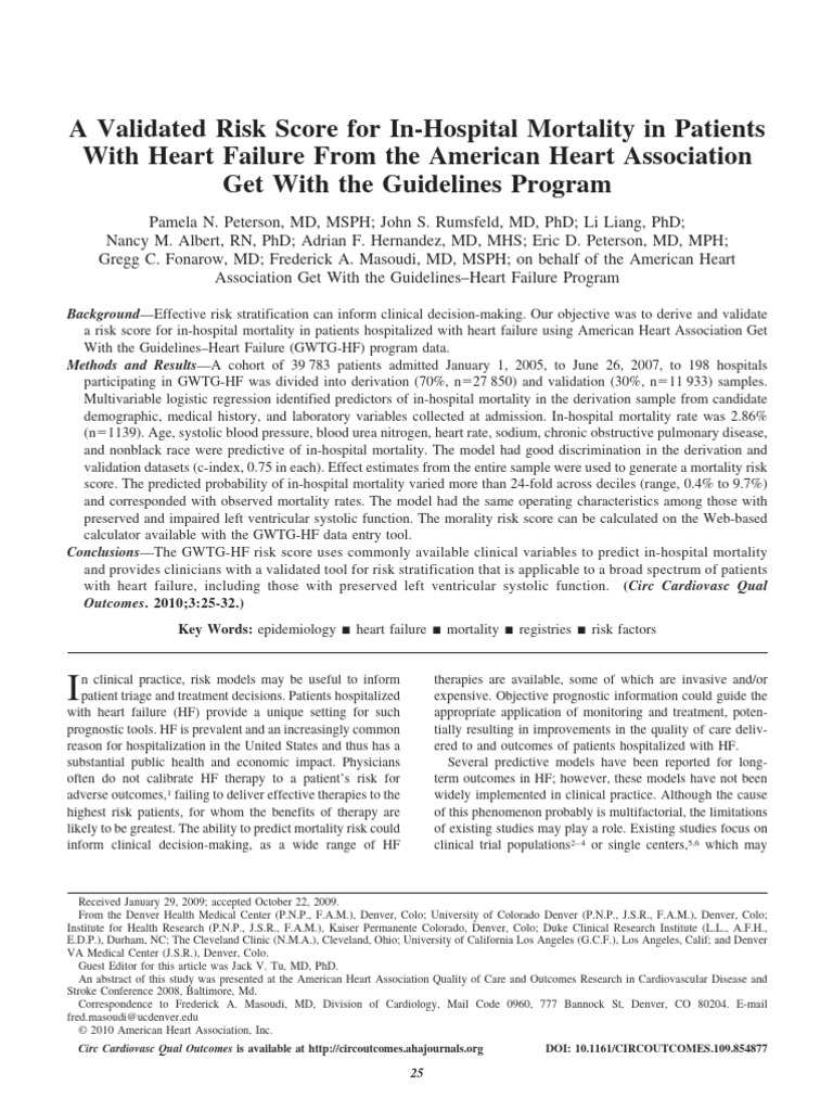 A Validated Risk Score For In-Hospital Mortality in Patients With Heart ...