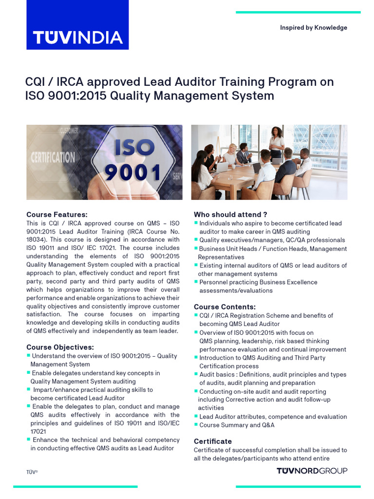 CQI IRCA Approved Lead Auditor Training Program On ISO 9001 2015 Qualit... | PDF | Quality ...