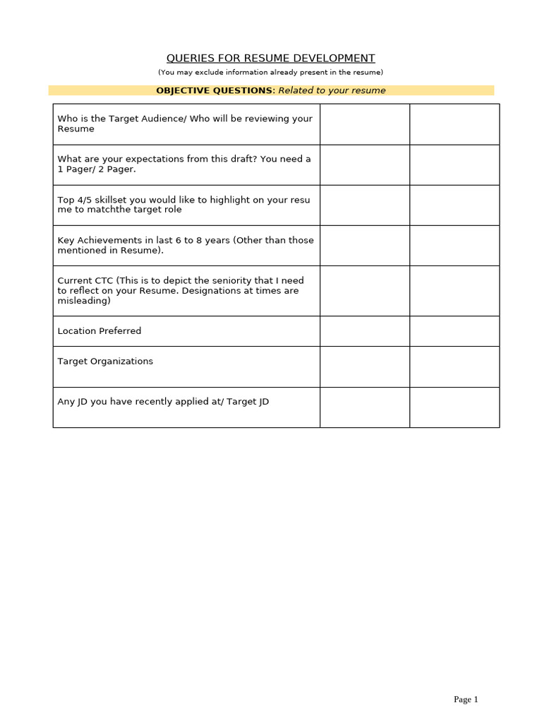 QUESTIONNAIRE For Resume Development | PDF
