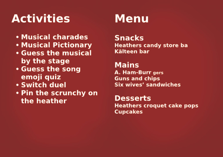 Activities&menu Random Party Invites | PDF