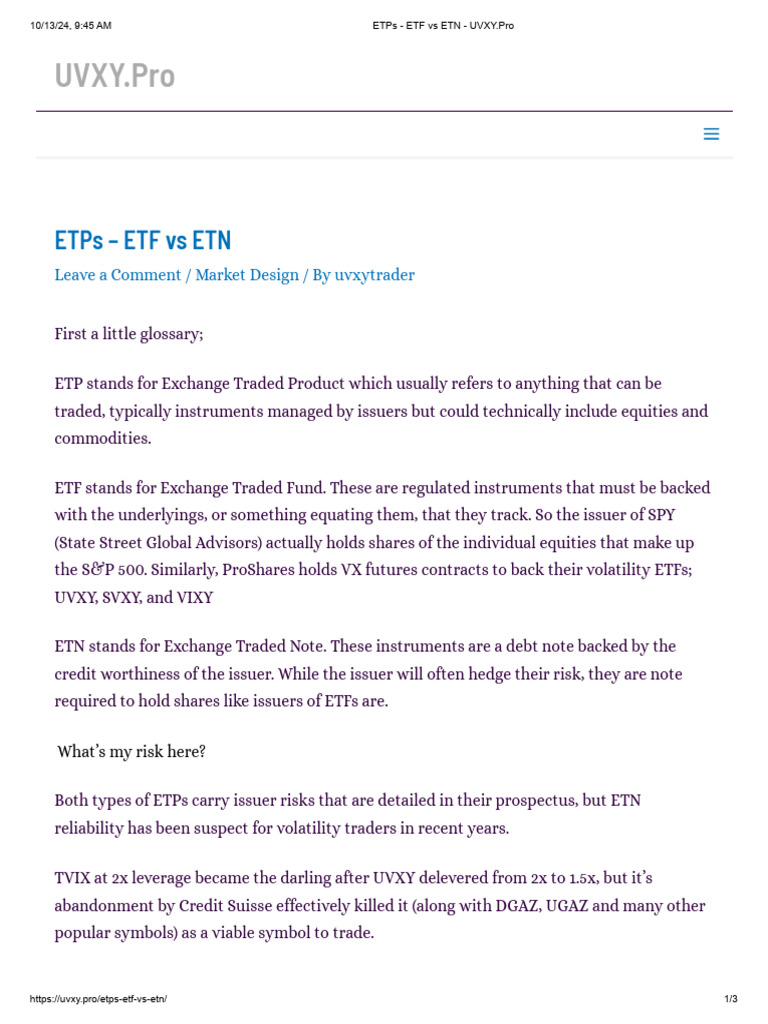 ETPs - ETF Vs ETN - UVXY - Pro | PDF | Exchange Traded Fund | Business