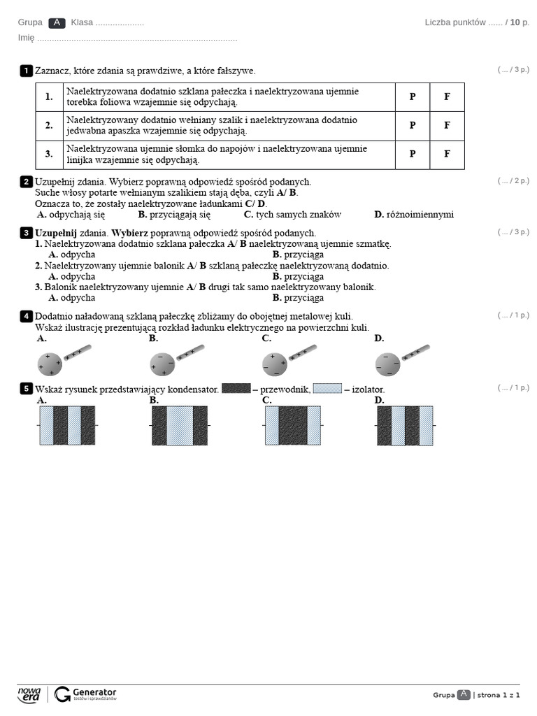 Kartkówka - Elektrostatyka Test (Z Widoczną Punktacją) | PDF