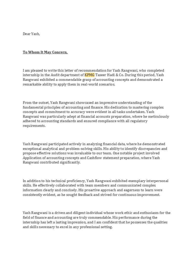 Yash Recommendation Letter KPMG | PDF