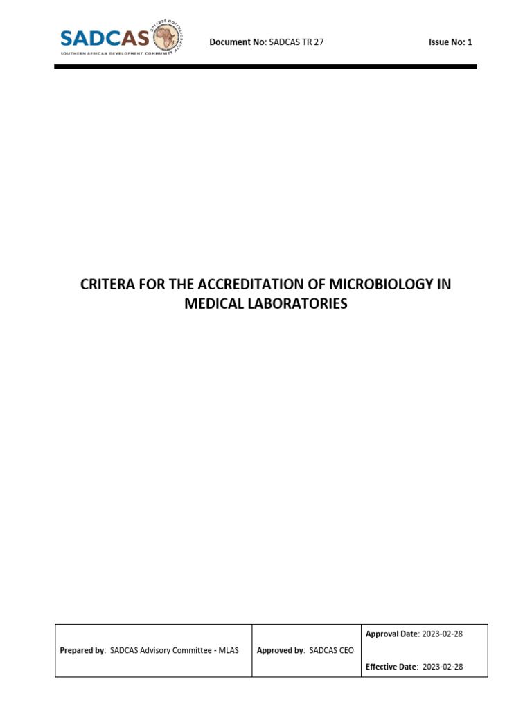 SADCAS TR 27 - Criteria For Accreditation of Microbiology in Medical ...