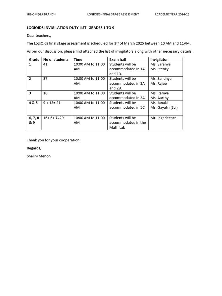LogiQids Exam-Invigilation Duty List-3rd March 2025 | PDF