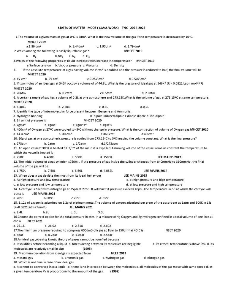 States of Matter Mcq s | PDF | Gases | Intermolecular Force