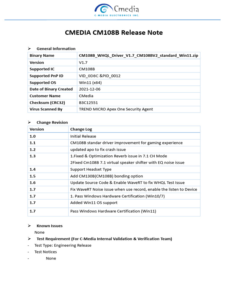 CM108B WHQL Driver V1.7 CM108B Standard Win11 ReleaseNote | PDF