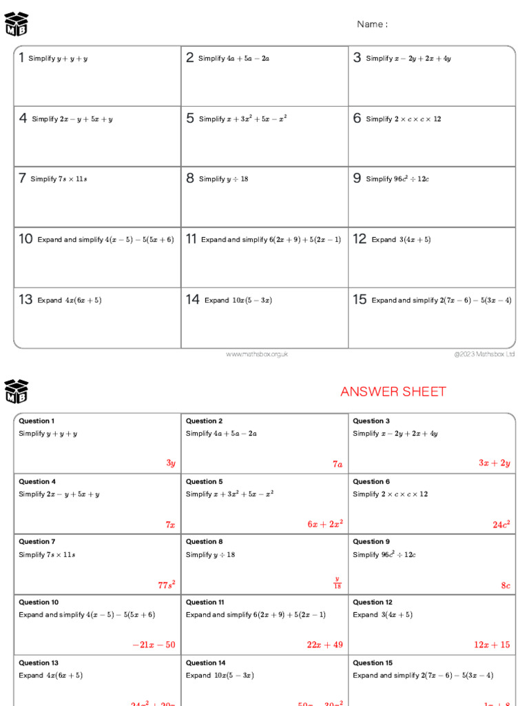 Algebra Simplification and Expansion Worksheet | PDF