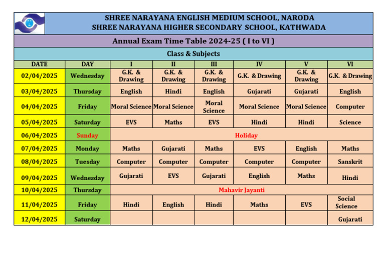 Annual Time Table 2024-25 (I To Vi) | PDF