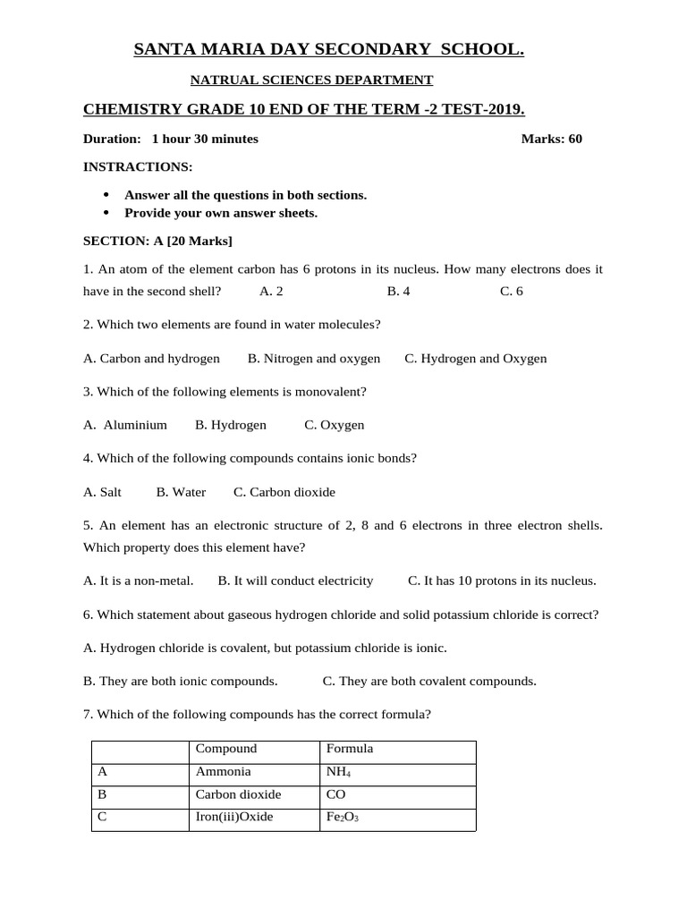 Grade 10 Chemistry Test 2019 | PDF | Ion | Chemical Compounds