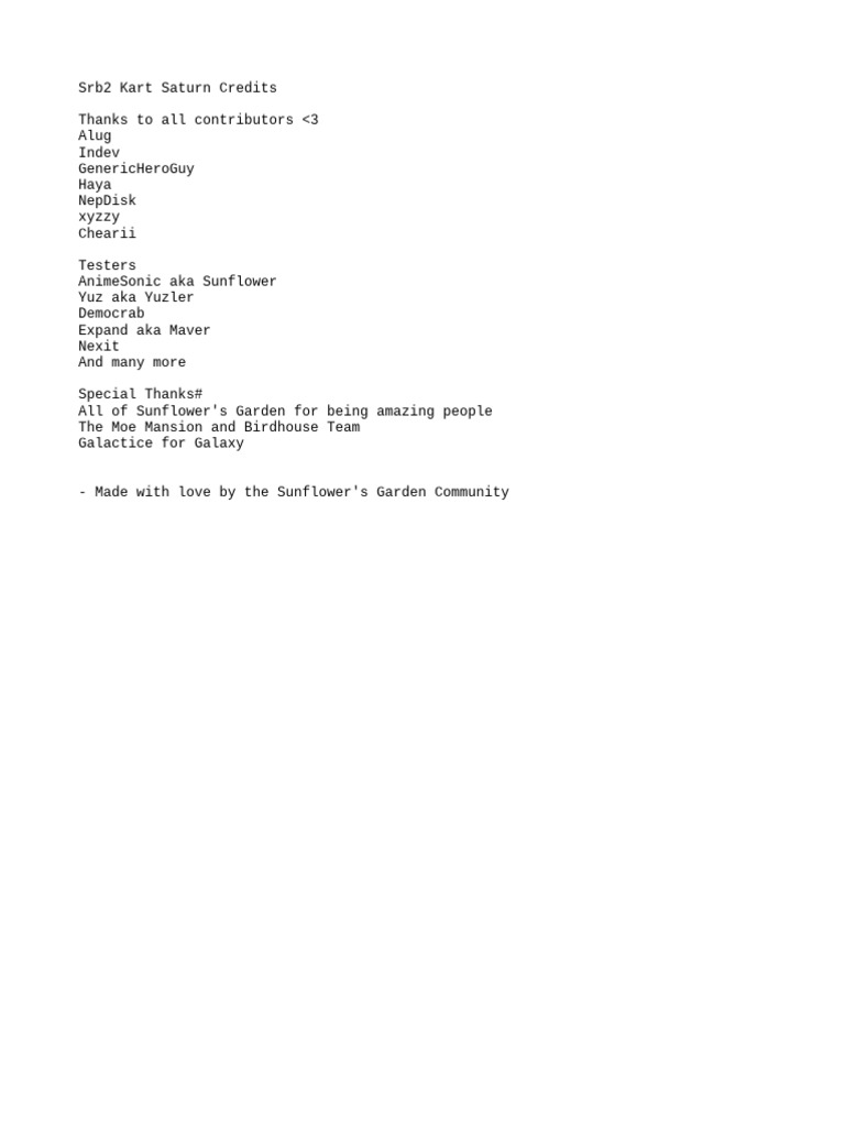 Srb2 Kart Saturn Contributor Credits | PDF