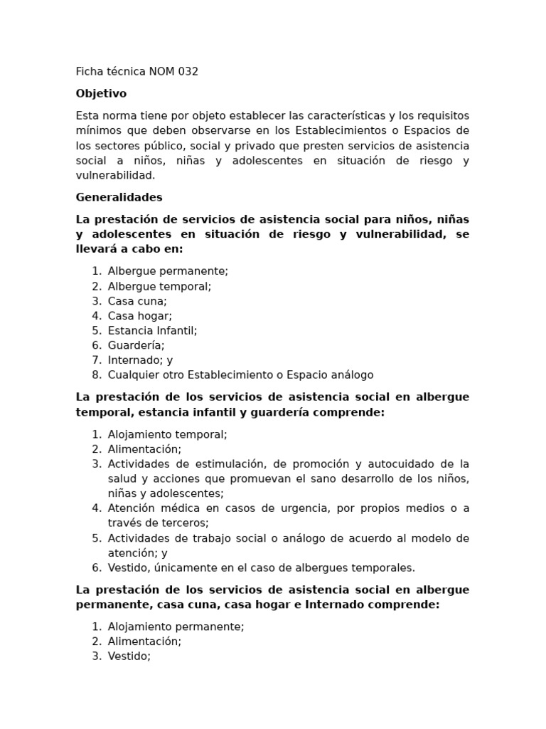 Ficha Técnica NOM 032 | PDF | Trabajo Social | Cuidado de los niños