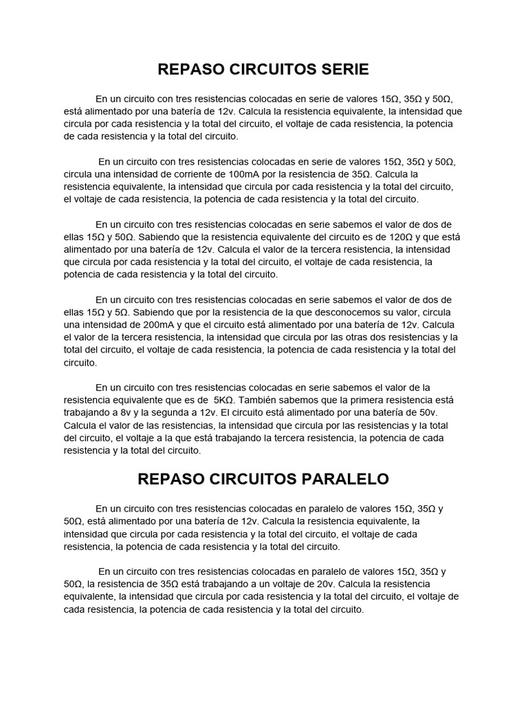 Cálculos de Circuitos Serie y Paralelo | PDF | Resistencia Eléctrica y ...