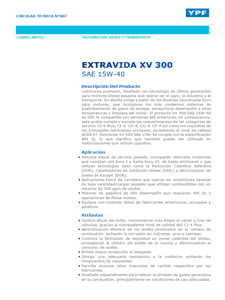 Lubricante Extravida XV 300 SAE 15W-40 | PDF | Motor diesel | Motores