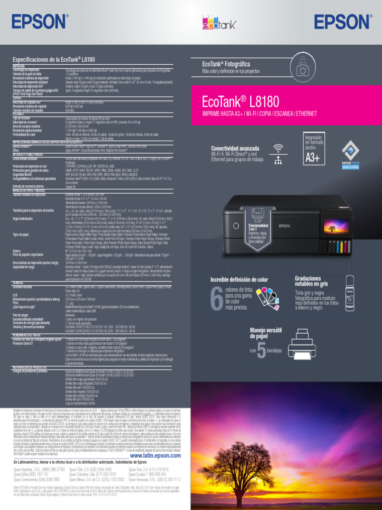 Especificaciones EcoTank L8180 | PDF | Impresora (Computación) | Color