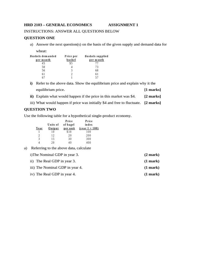 HRD 2103 - General Economics - Assignment 1 | PDF