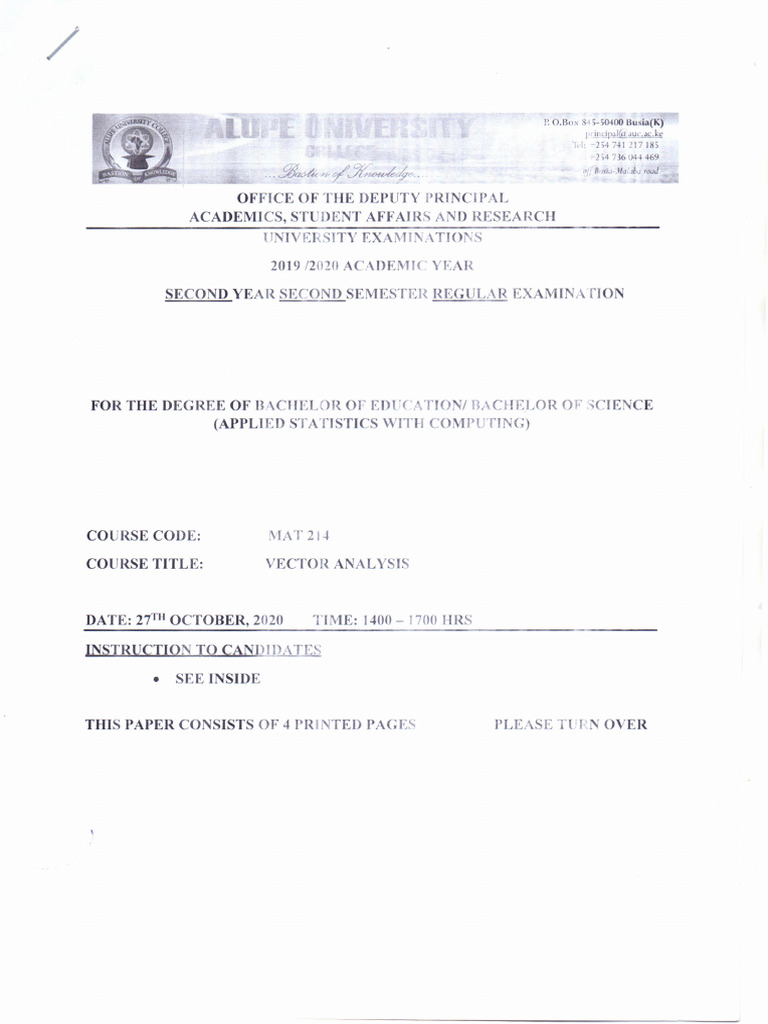 MAT 214: Vector Analysis Exam 2020 | PDF