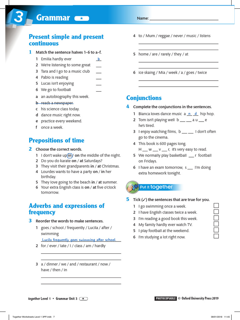 Together 1 Worksheets Unit3 | PDF | Adverb | Linguistics