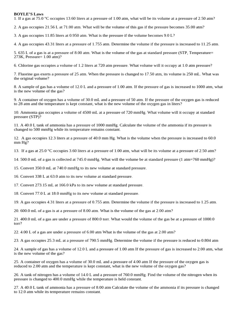 Boyle's Law Gas Volume Calculations | PDF | Gases | Pressure