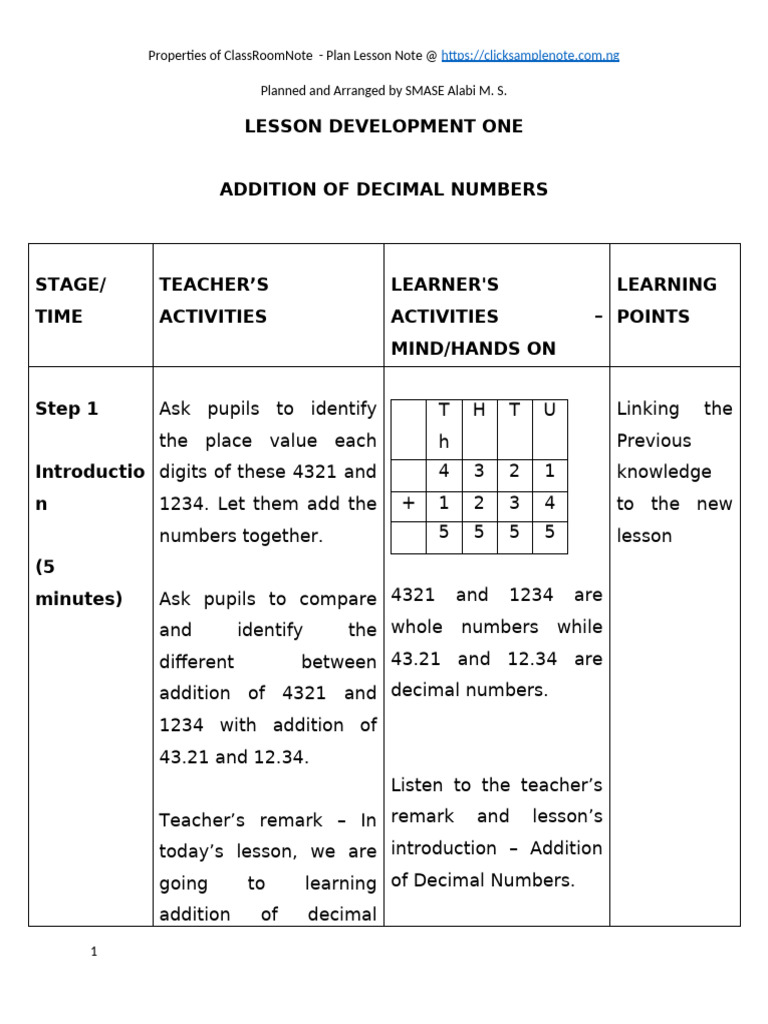 Decimal Addition Lesson Plan | PDF | Learning | Cognition