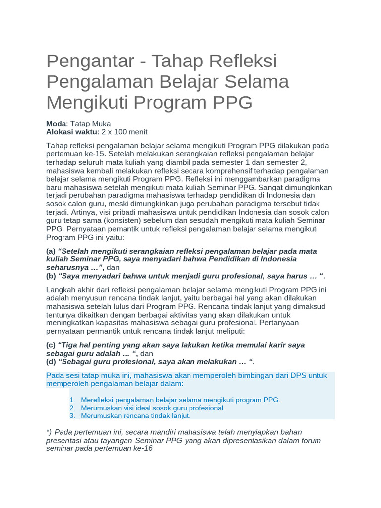 Refleksi dan Rencana Tindak Lanjut PPG | PDF