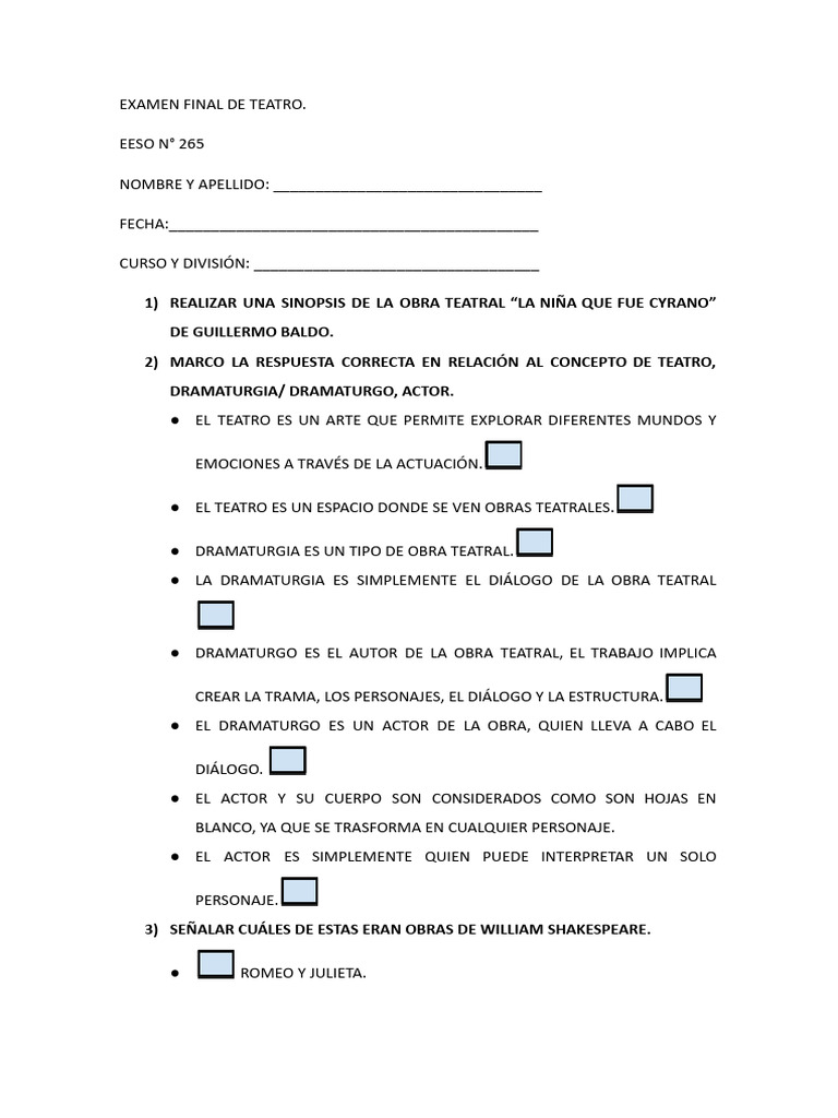 Examen Final de Teatro para Primaria | PDF