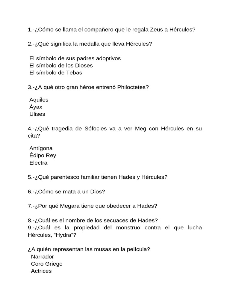 Cuestionario Pelicula Hercules | PDF