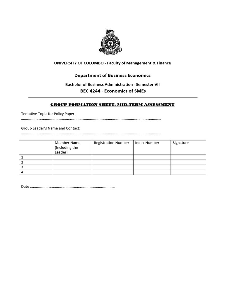 Group Formation Sheet - BEC 4244 Economics of SMEs.pdf | PDF