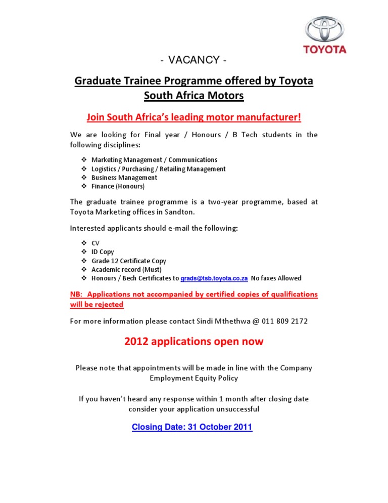 Toyota Graduate Trainee Programme 2012 | PDF | Educational Stages ...